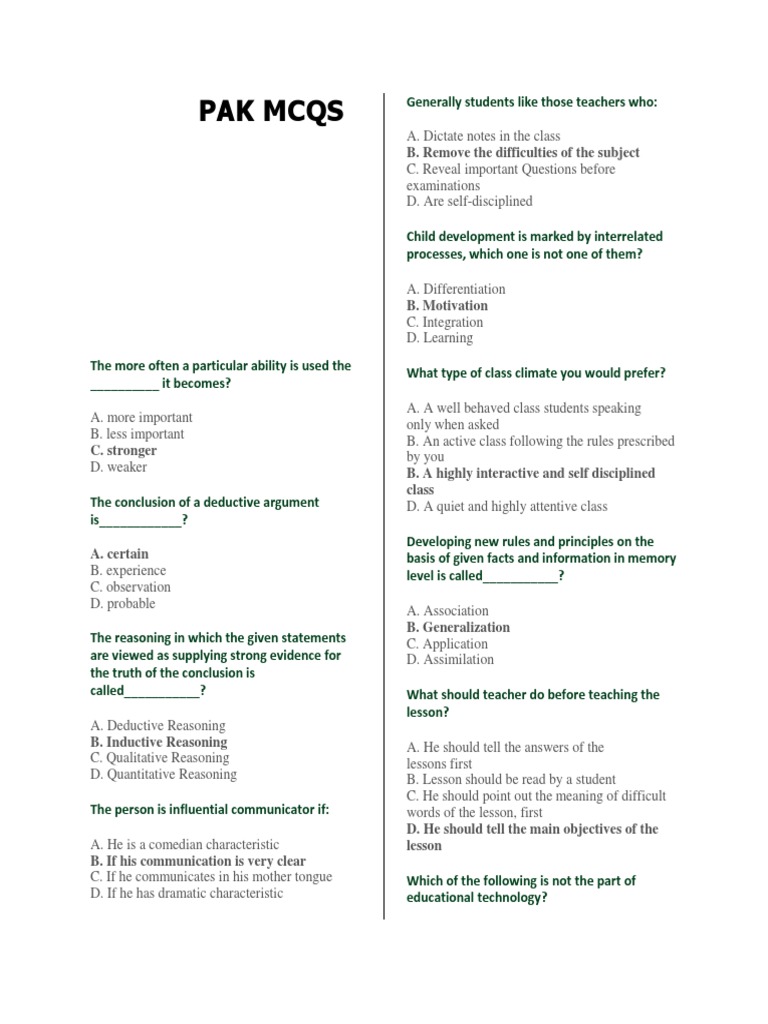 Pak MCQs 38 Pages Pedagogy | PDF