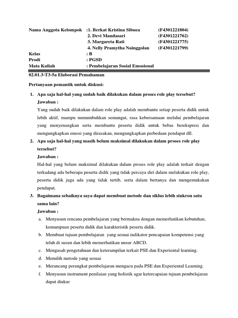Diskusi Kelompok - PGSD - B - 02.01.3-T3-5a Elaborasi Pemahaman PDF | PDF