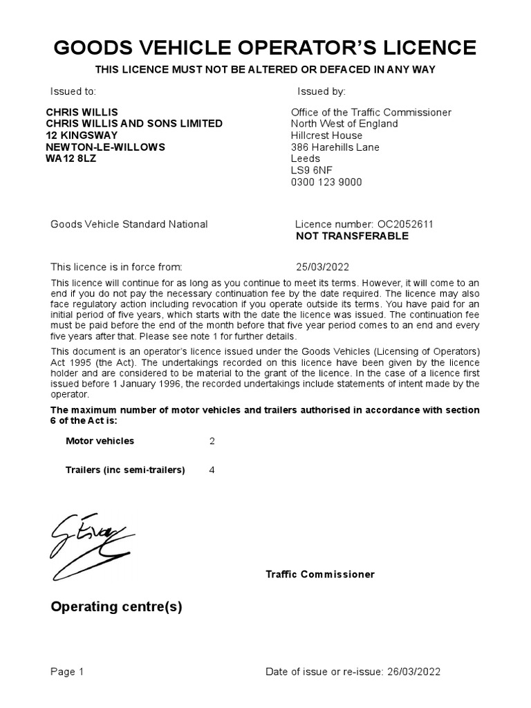 Goods Vehicle Operator's Licence Details | PDF