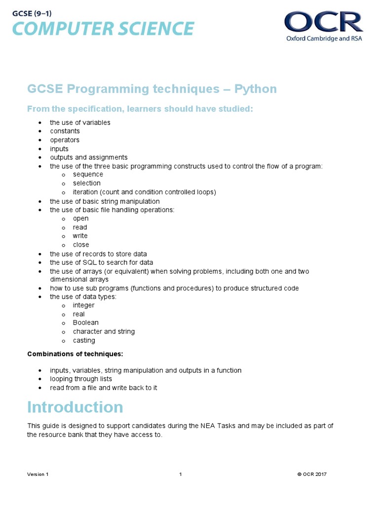 Programming Techniques Python Teacher Guide | PDF