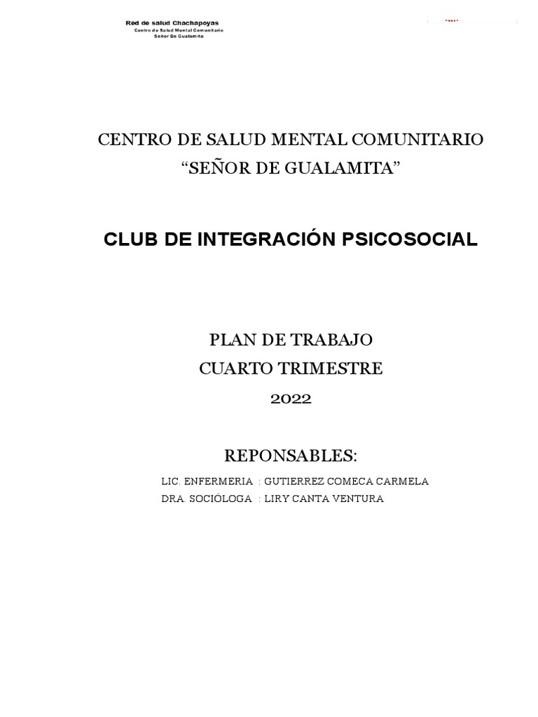 Plan de Trabajo Club Psicosocial Gualamita | PDF