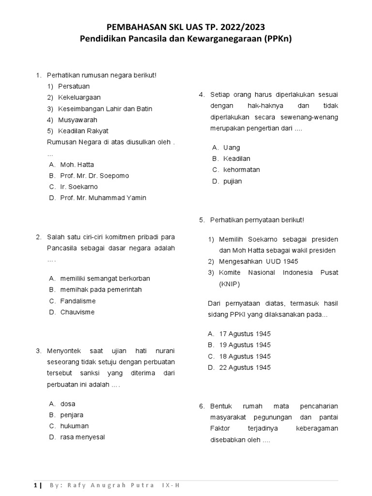 Soal Pembahasan SKL UAS PPKN Kelas 9 | PDF
