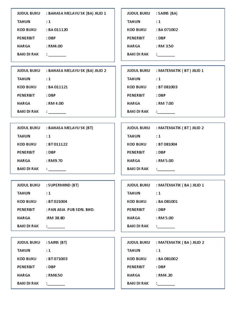 Label Buku Tahun 1 | PDF