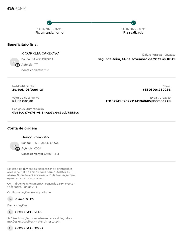 Comprovante de transferência via Pix no valor de R$50.000,00 realizada em 14/11/2022 | PDF