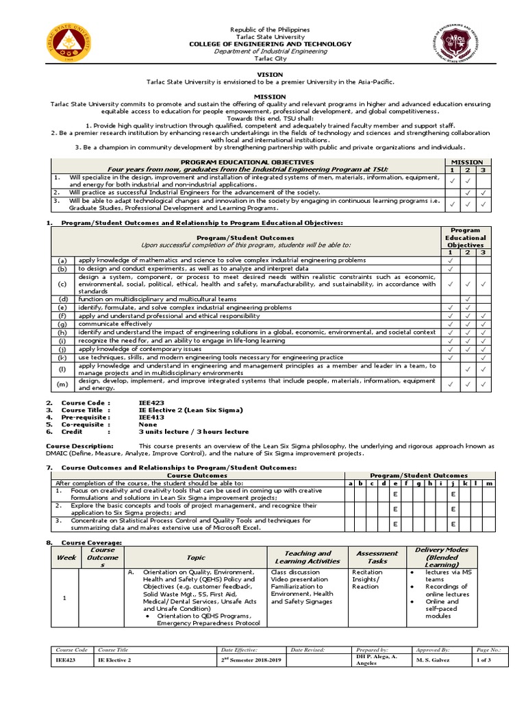 66-IEE423 IE Elective 2 (Lean Six Sigma) PDF | PDF