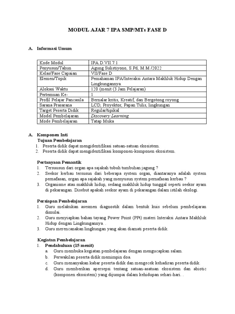 Modul AJAR (RPP KUMER) IPA 1 - Bab 7 - Interaksi Makhluk Hidup Dengan ...