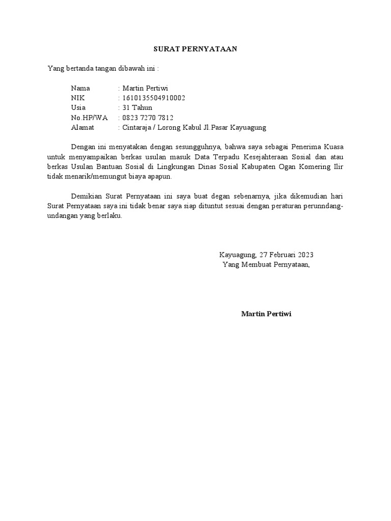 Surat Pernyataan DTKS | PDF