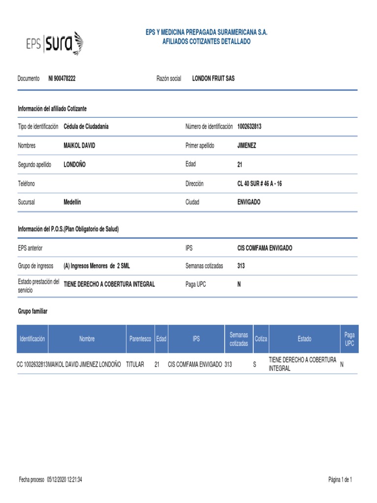 Certificado EPS SURA PDF | PDF