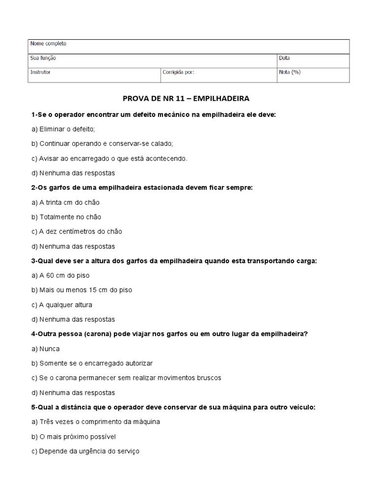 Prova de NR 11 . | PDF