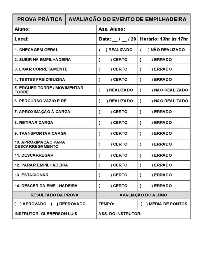 TESTE PRÁTICO Empilhadeira | PDF