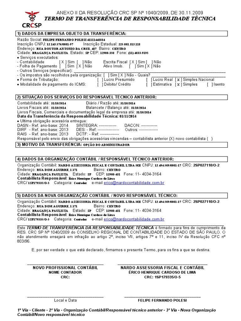 Termo CRC | PDF | Contabilidade | Indústrias de serviços