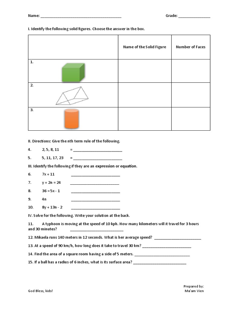 Math Worksheet: Solid Figures & Equations | PDF | Elementary ...