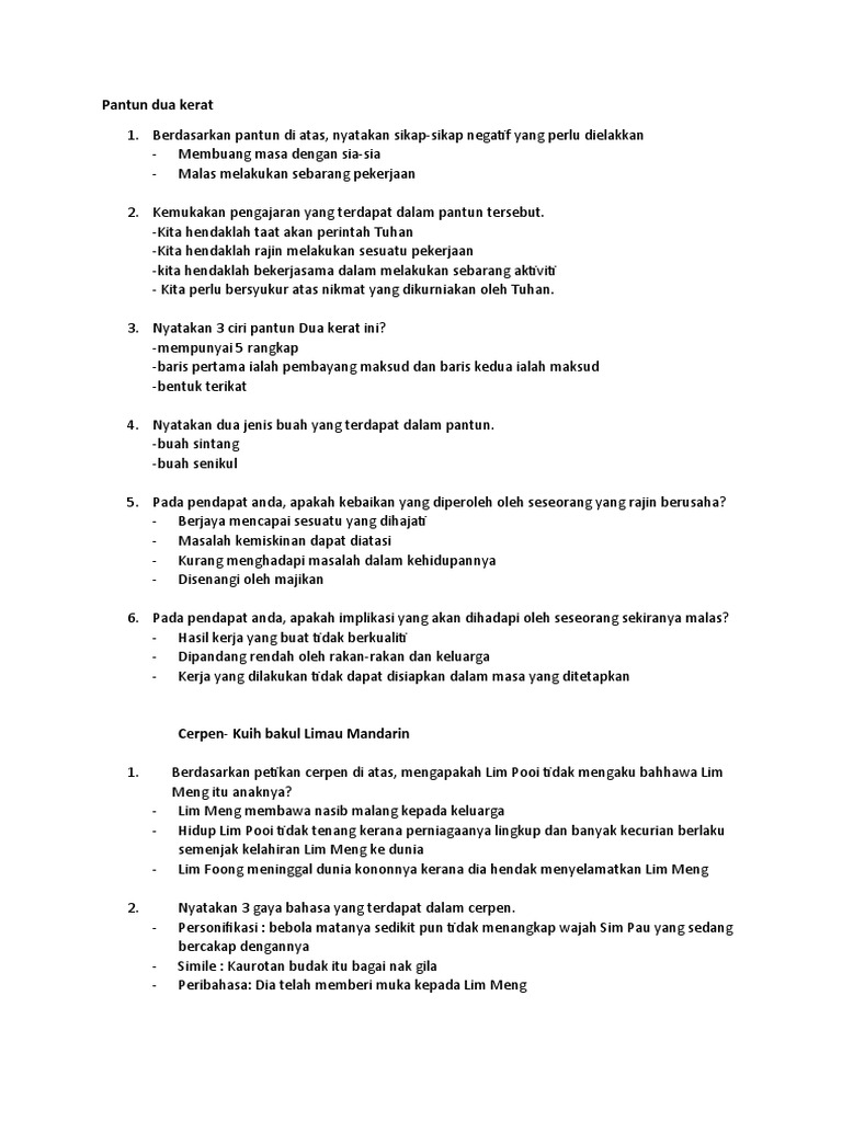 Pantun Dua Kerat& Cerpen Kuih Bakul Mandarin | PDF