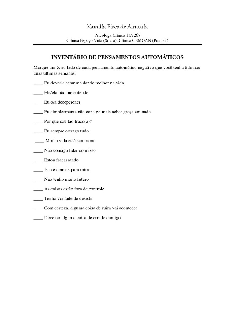 Inventário de Pensamentos Automáticos PDF | PDF Inventário de Pensamentos Automáticos PDF | PDF