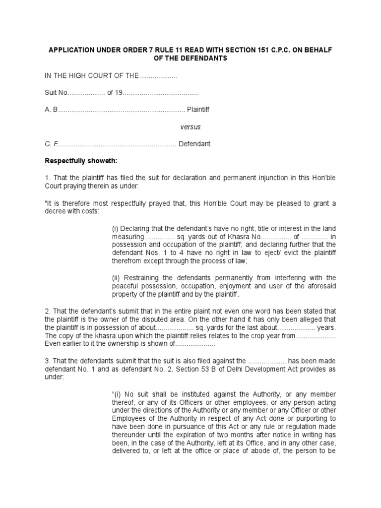 Application Under Order 7 Rule 11 Read With Section 151 C P C On Behalf Of The Defendants Pdf