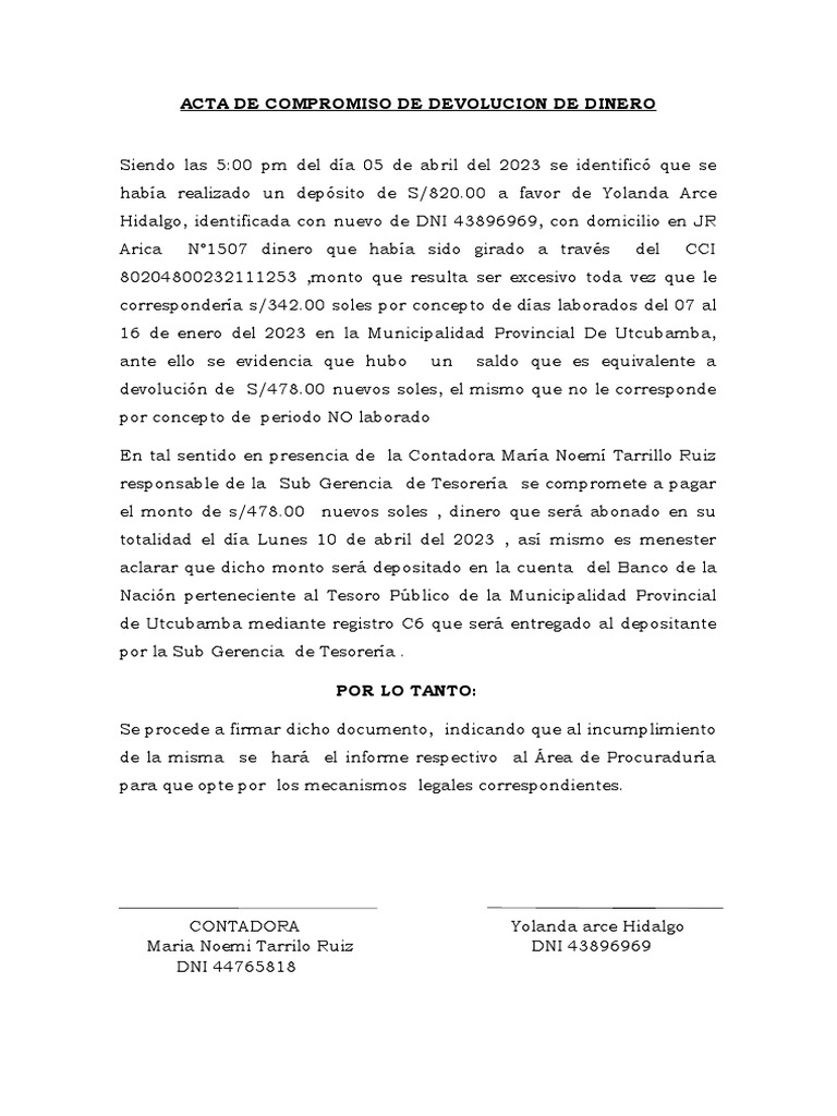 Acta de Compromiso de Devolucion de Dinero | PDF