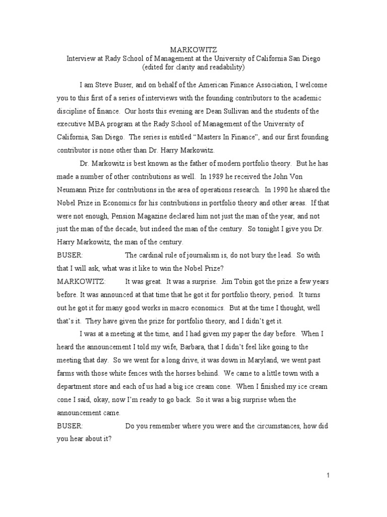 Harry Markowitz Transcript | PDF | Diversification (Finance) | Modern Portfolio Theory