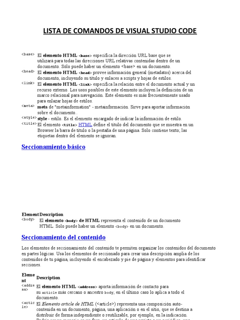Lista de Comandos de Visual Studio Code | PDF | HTML | Metadatos