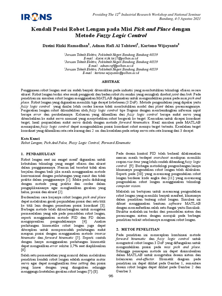 Jurnal Kendali Posisi Robot Lengan Pada Misi Pick and Place Dengan Metode Fuzzy Logic Control ...
