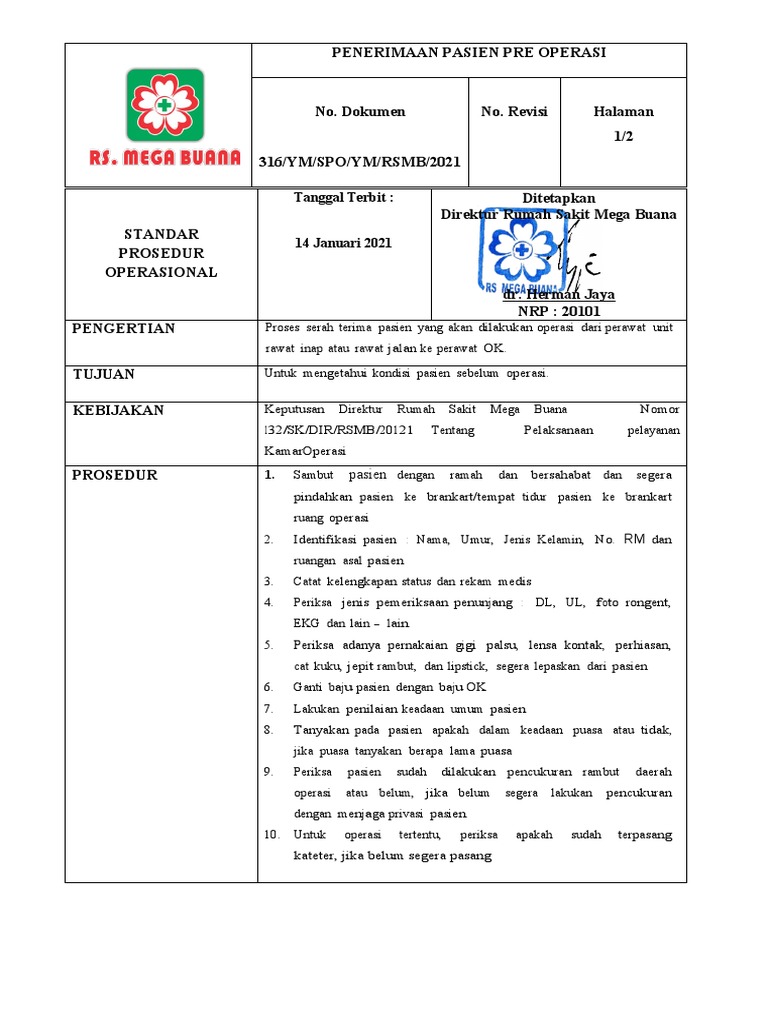 Sop Penerimaan Pasien Pre Operasi | PDF