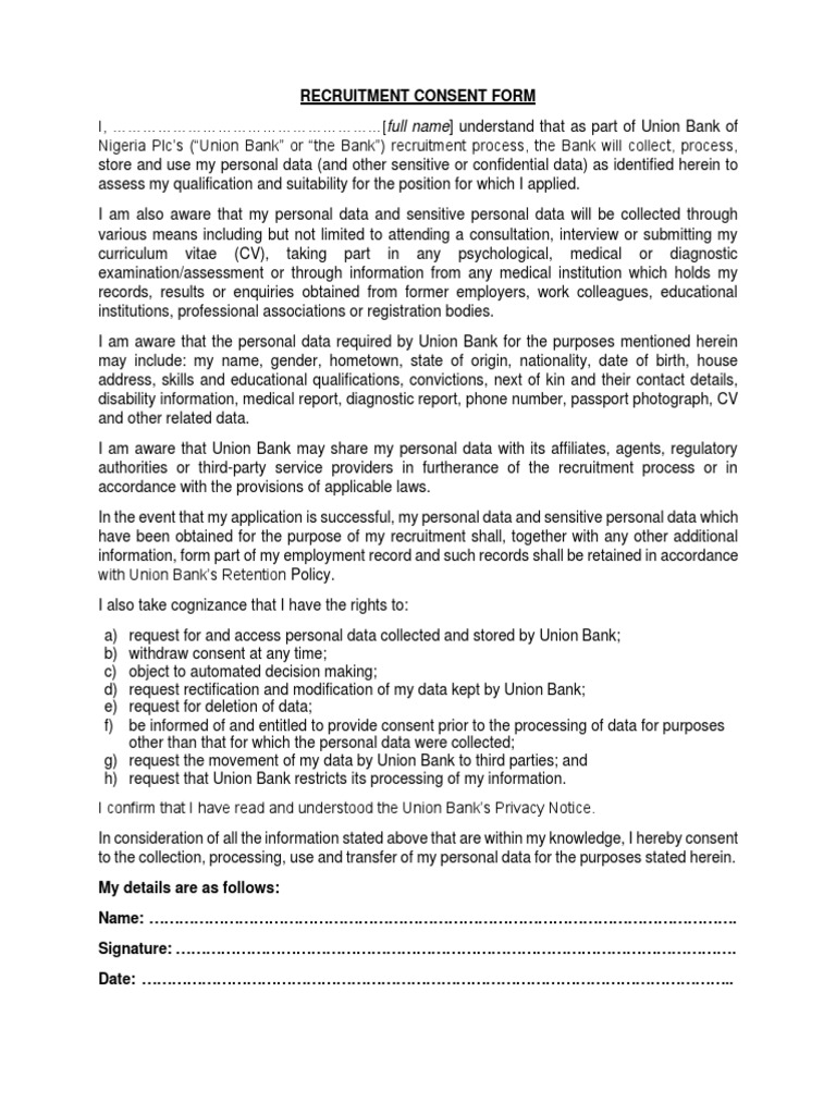 Union Bank - Recruitment Consent Form PDF | PDF | Recruitment | Justice