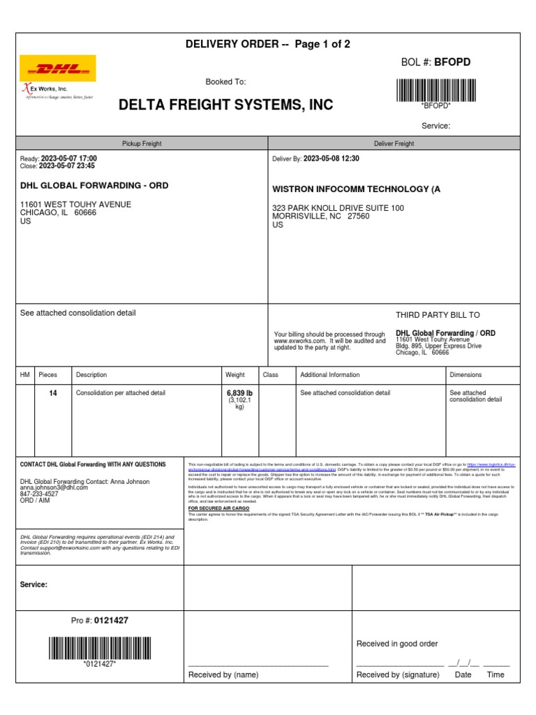 Delta Freight Systems, Inc: Delivery Order - Page 1 of 2 Bfopd | PDF