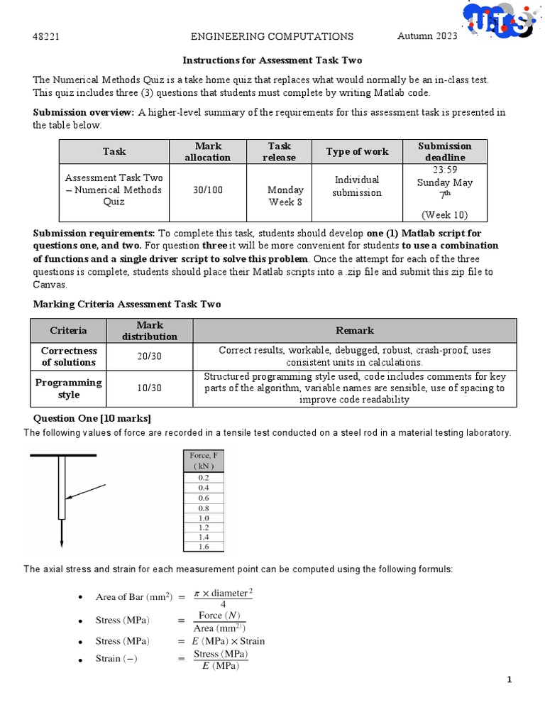 Engineering Computations 2022A - Assessment Task Two Instructions-2 | PDF | Beam (Structure ...