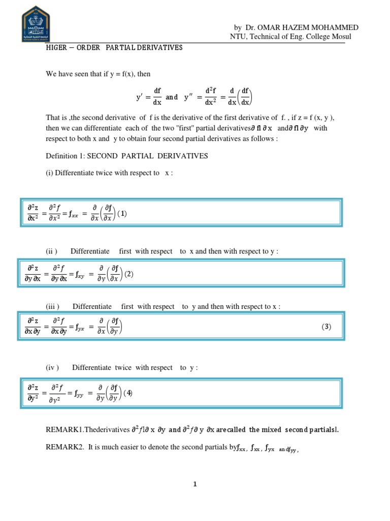 Higher-Order Partial Derivatives Explained | PDF