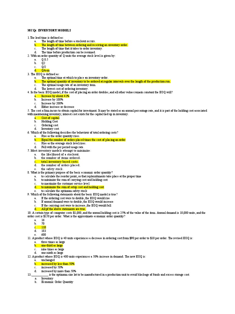 INVENTORY MODEL MCQs | PDF