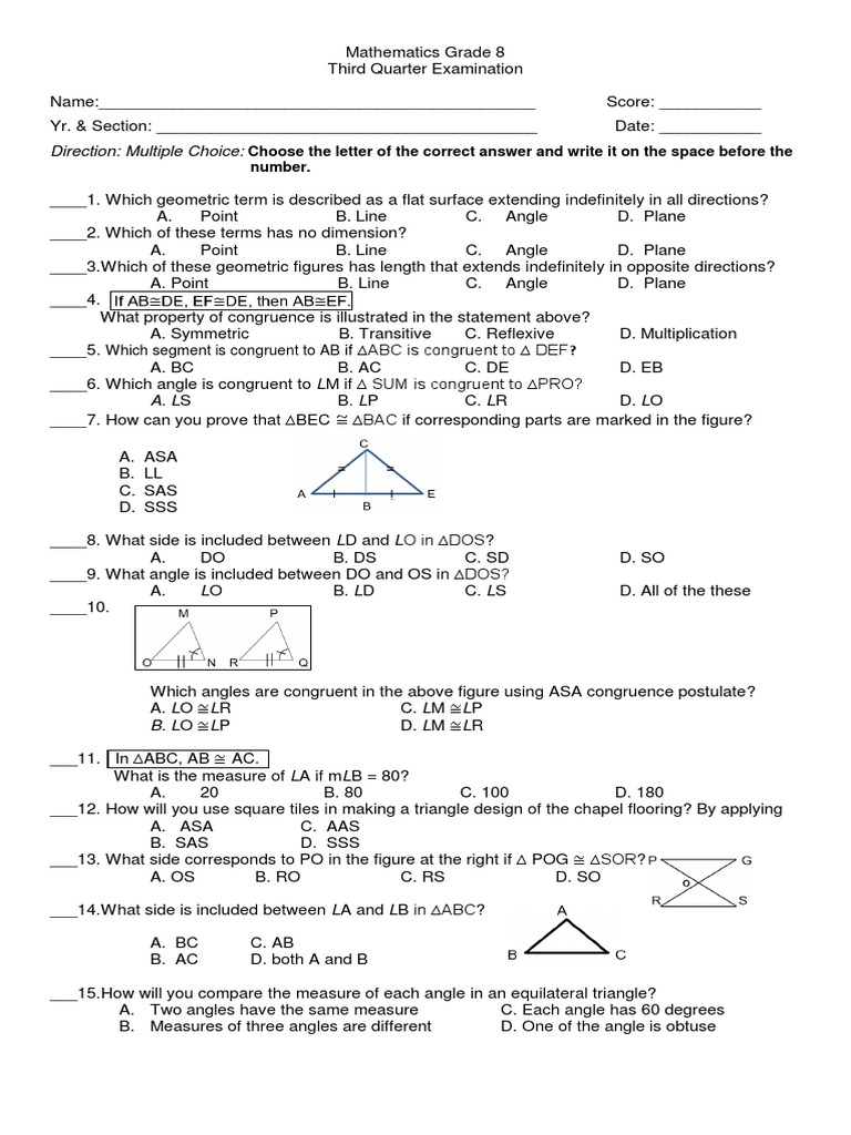 Math8 3rd Quarter Exam | PDF | Classical Geometry | Euclidean Geometry