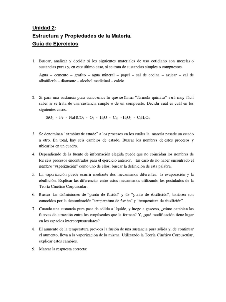 Unidad 2 - Estructura y Propiedades de La Materia - Guia de Ejercicios ...