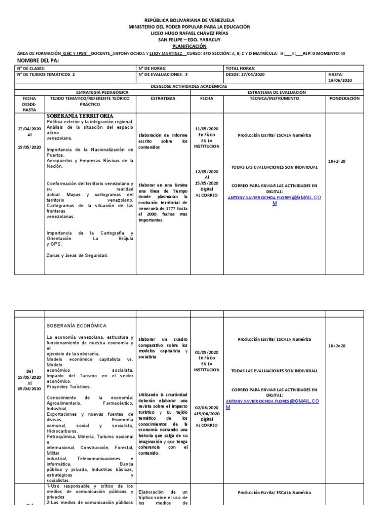 PLANIFICACION 4TO AÑO GHC Y FPSN III MOMENTO. | PDF
