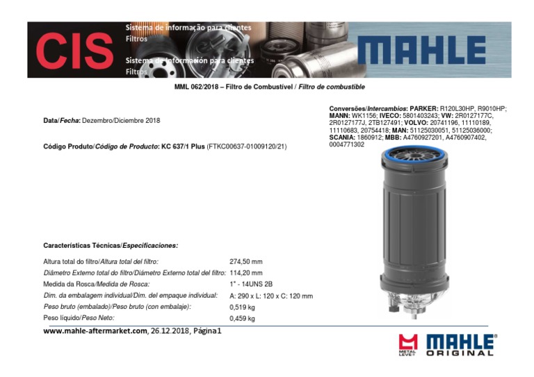 Ficha Tecnica Filtro Mahle KC637 - 1 | PDF