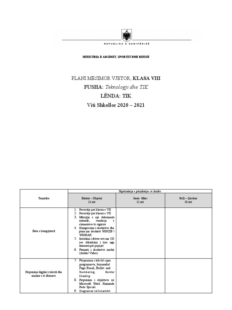 TIK 8 Plani Mesimor 2020 2021 | PDF
