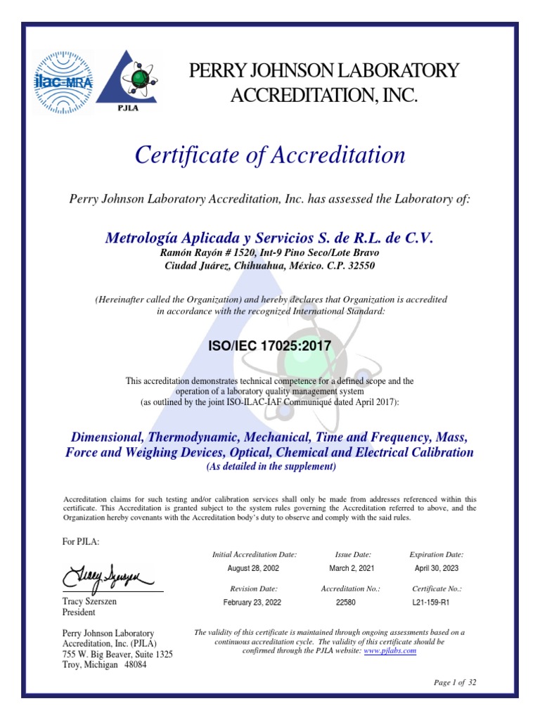 PJLA Accreditation for Metrología Aplicada | PDF | Calibration | Hertz
