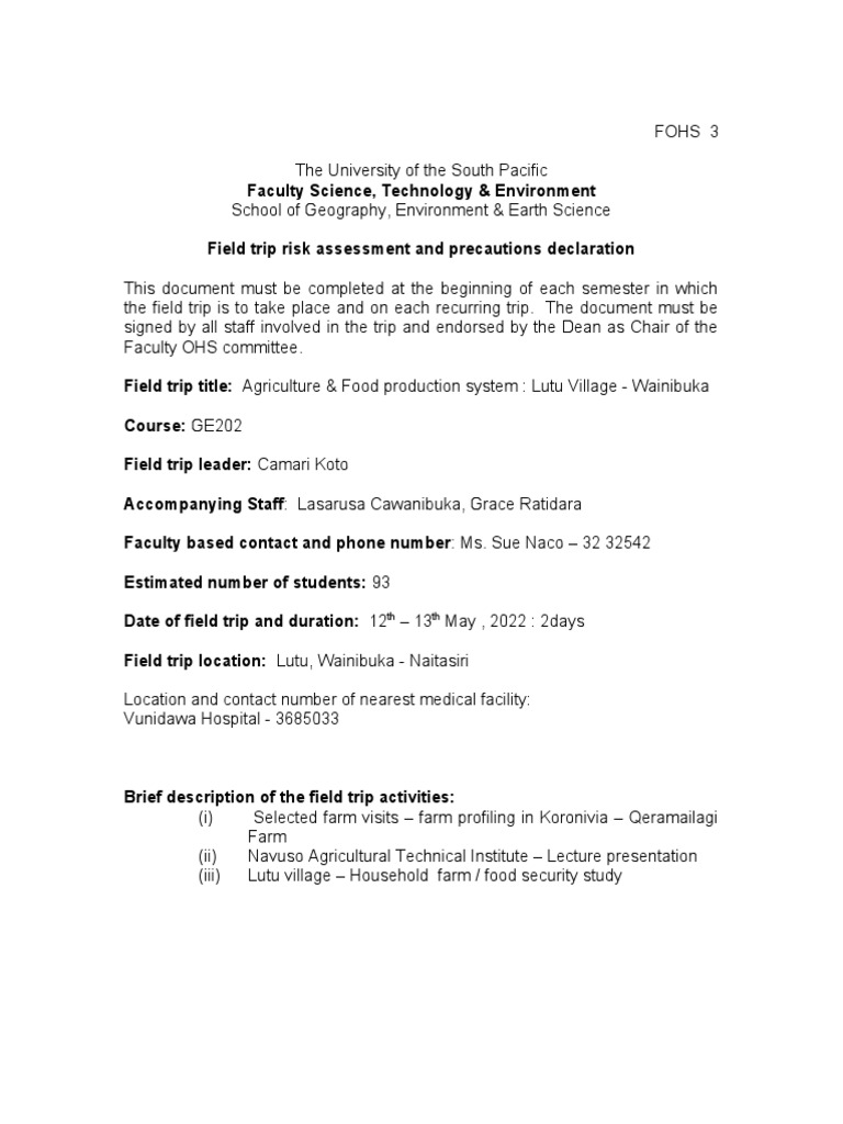 Field Trip Risk Assessment for GE202 | PDF