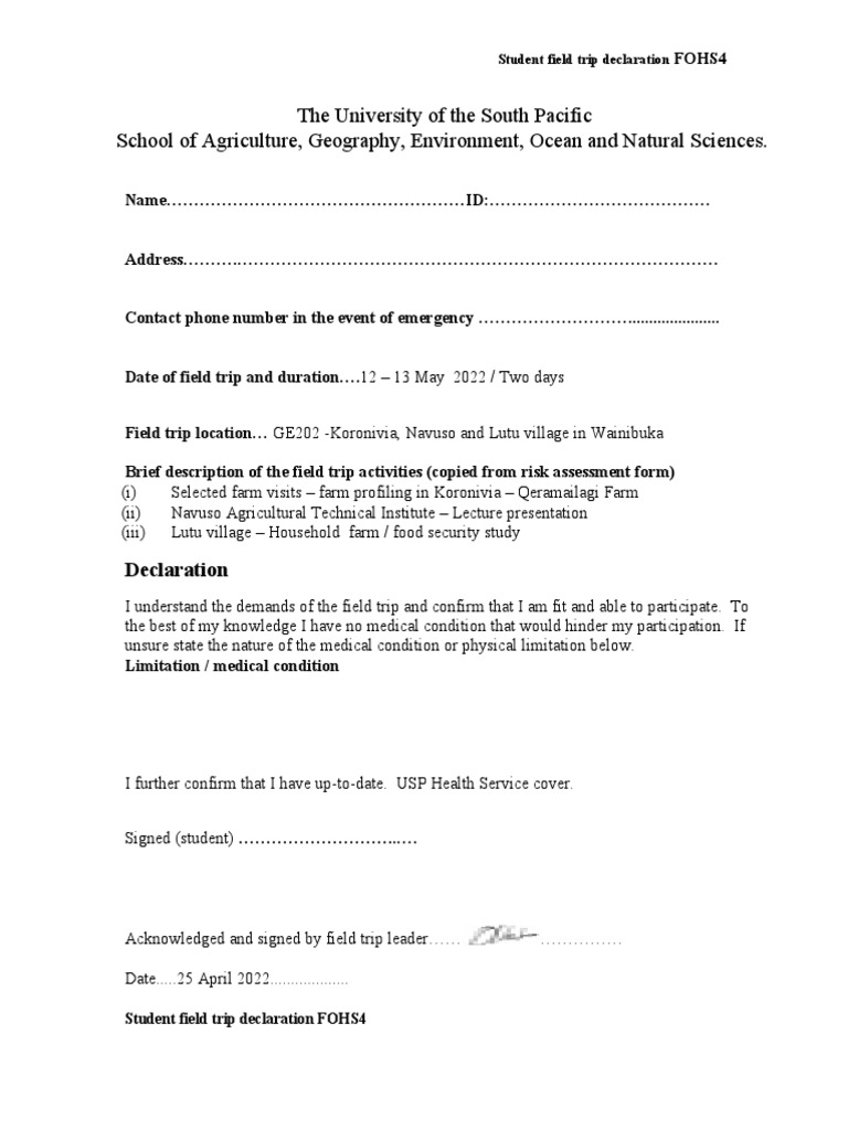 Student Field Trip Declaration Form | PDF