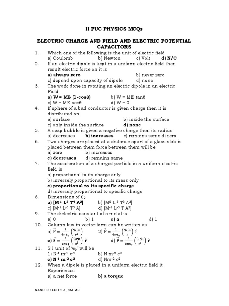 II PUC Physics MCQs on Electric Charge | PDF