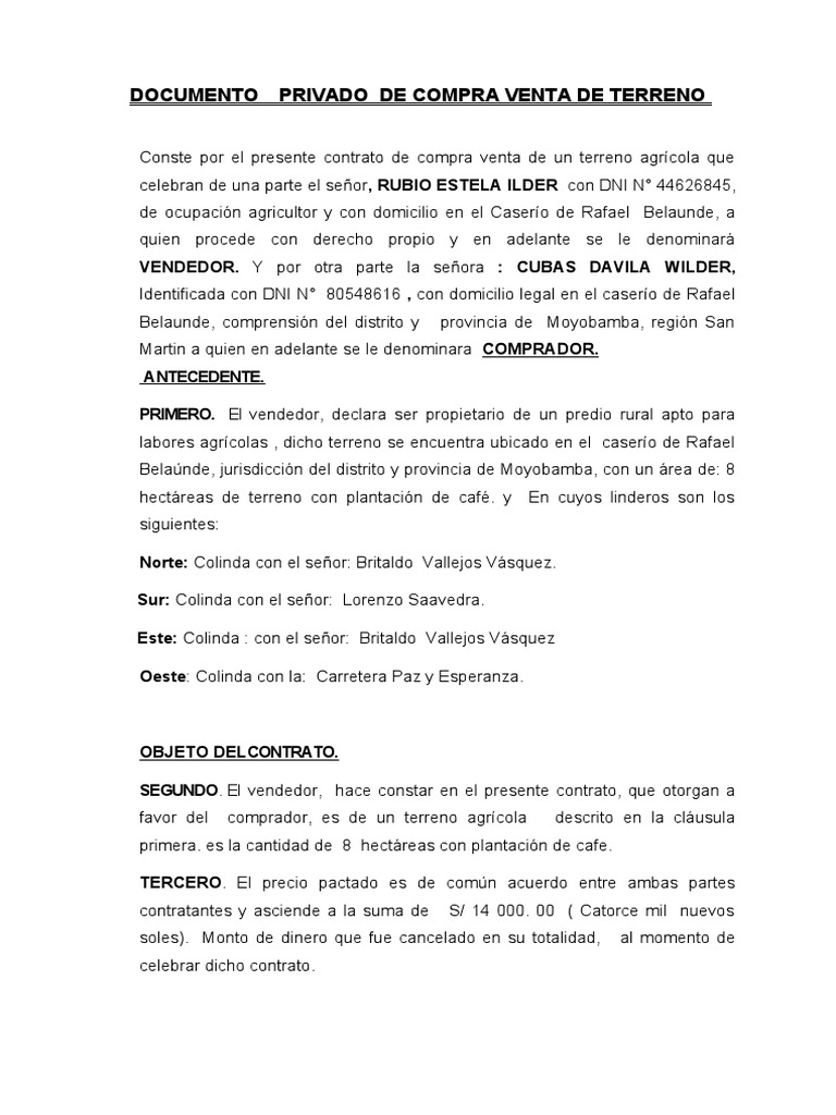 Documento Privado de Compra Venta de Terreno | PDF