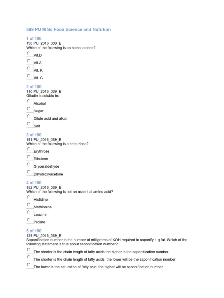 Food Science and Nutrition Quiz Questions | PDF