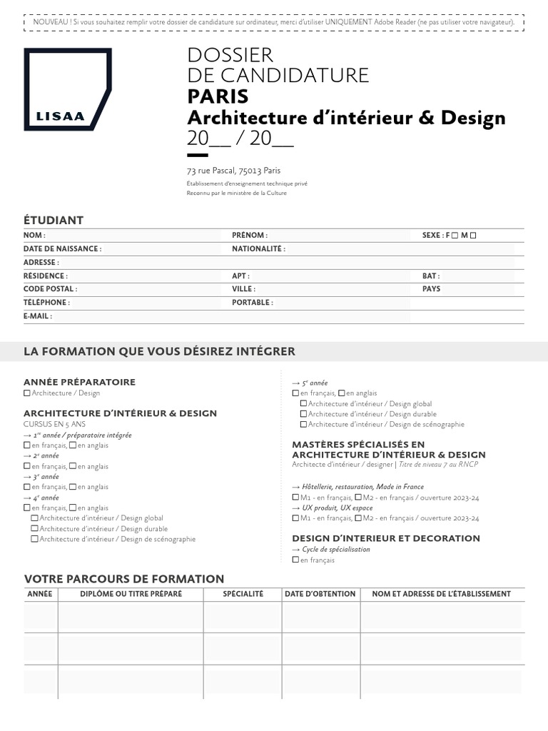 Dossier de Candidature en Design Paris | PDF