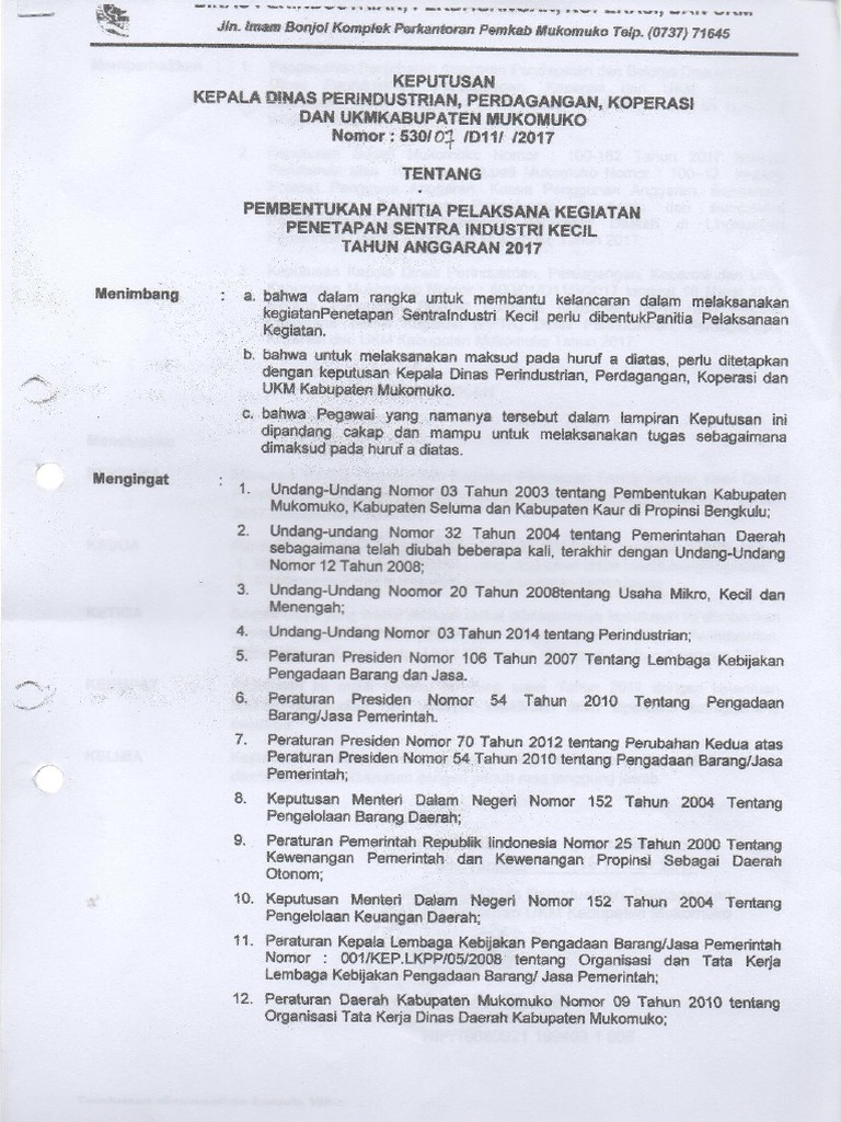 Contoh SK Pembentukan Panitia Pelaksanaan Kegiatan Penetapan Sentra IKM PDF | PDF