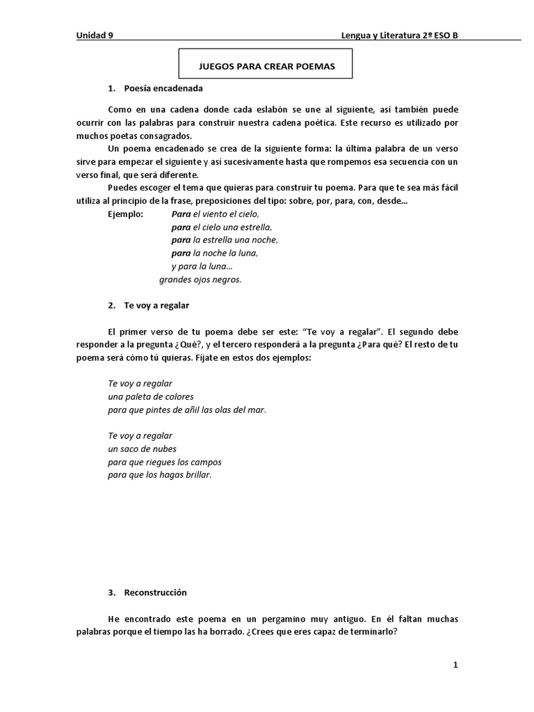 Juegos para Crear Poemas PDF | PDF | Poesía