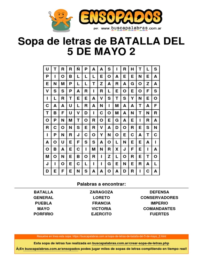 Sopa de Letras de Batalla Del 5 de Mayo - 2 PDF | PDF | Conflictos ...