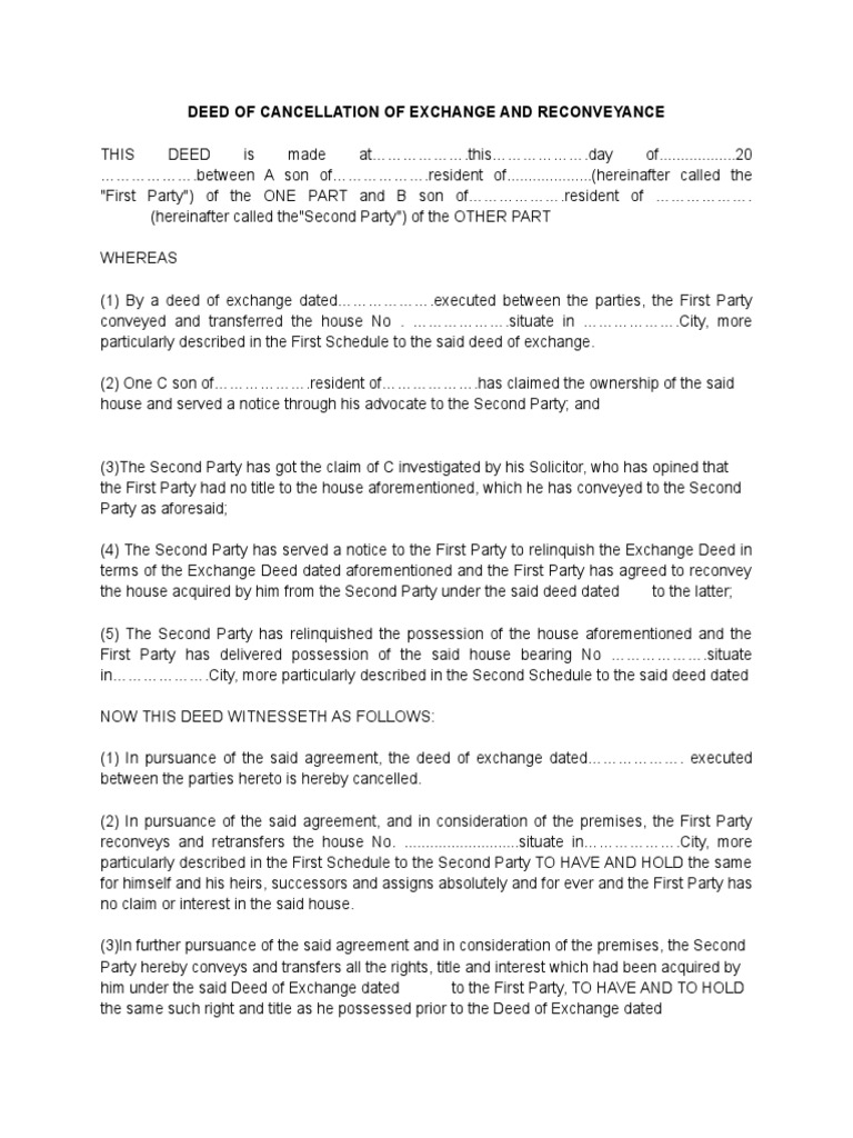 Deed of Cancellation of Exchange and Reconveyance | PDF | Deed ...