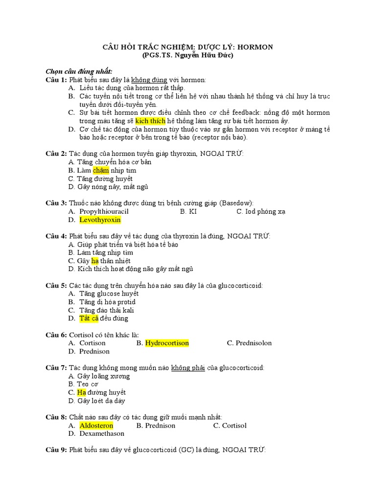 (123doc) - Trac-Nghiem-Duoc-Ly-Phan-Hormone-Va-Tim-Mach PDF | PDF