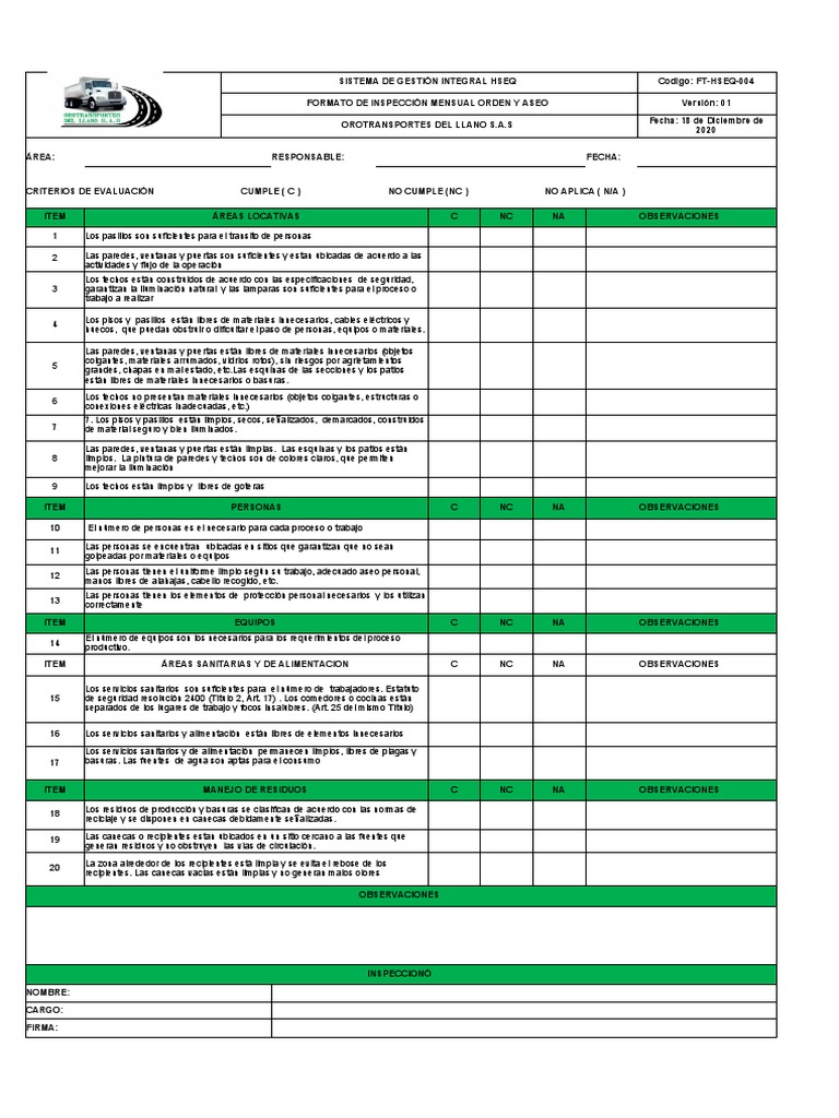 Ft-Hseq-004 Formato de Inspeccion Mensual Orden y Aseo | PDF