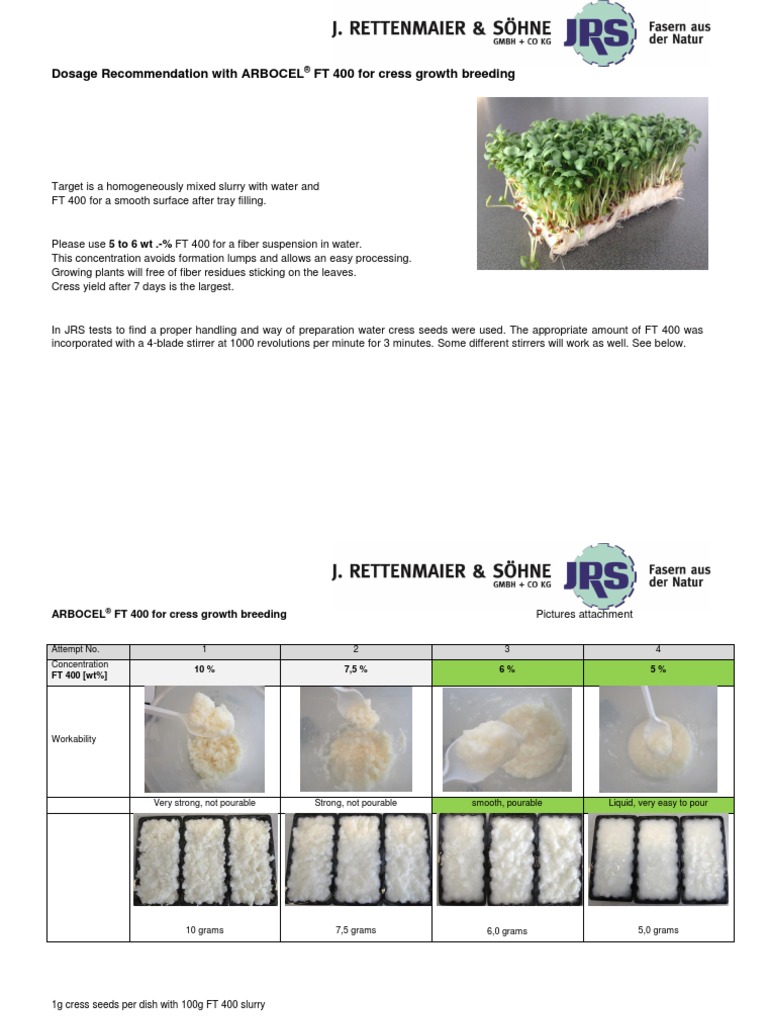 Dosage Recommendation ARBOCEL® FT 400 for cress growth.pdf | PDF | Chemistry | Physical Sciences