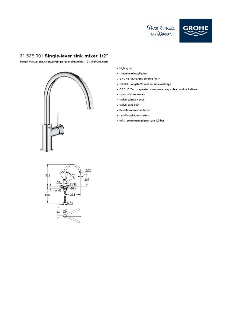 GROHE 31 535 001 Sink Mixer Features | PDF