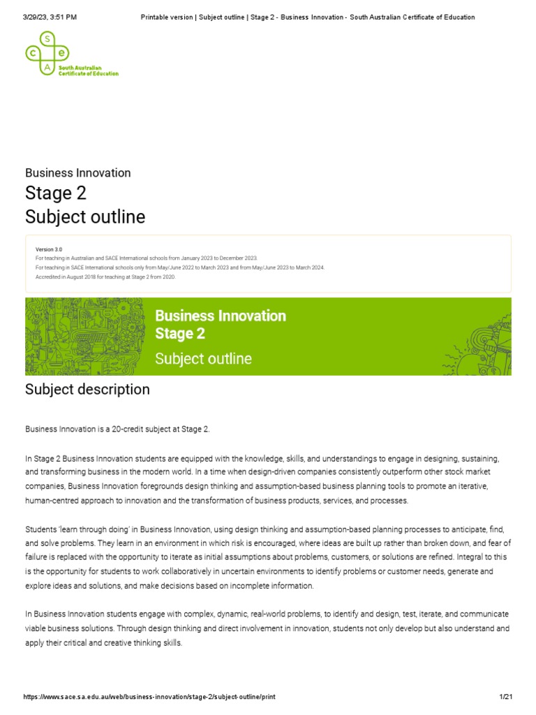 SACE - Business Innovation Outline | PDF